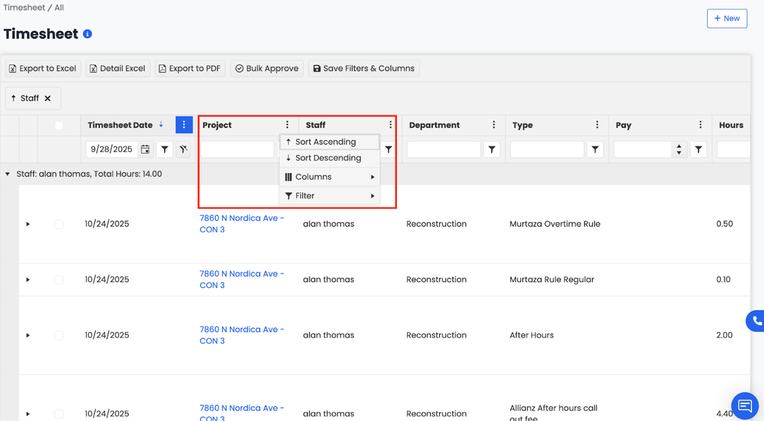 Timesheet: Sorting, Filter, Export, and Approve